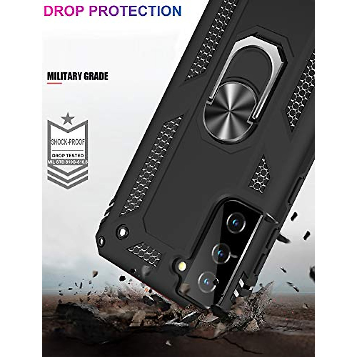 IKAZZ Galaxy S21 Case,Samsung S21 Cover Military Grade Shockproof Heavy Duty Protective Phone Case Pass 16ft Drop Test with Magnetic Kickstand Car Mount Holder for Samsung Galaxy S21 Black