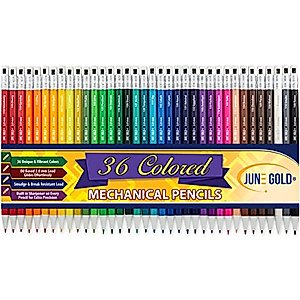 June Gold 36 Assorted Colored 2.0 mm Mechanical Pencils, Bold Thickness, 36 Unique Colors, Built in Sharpeners