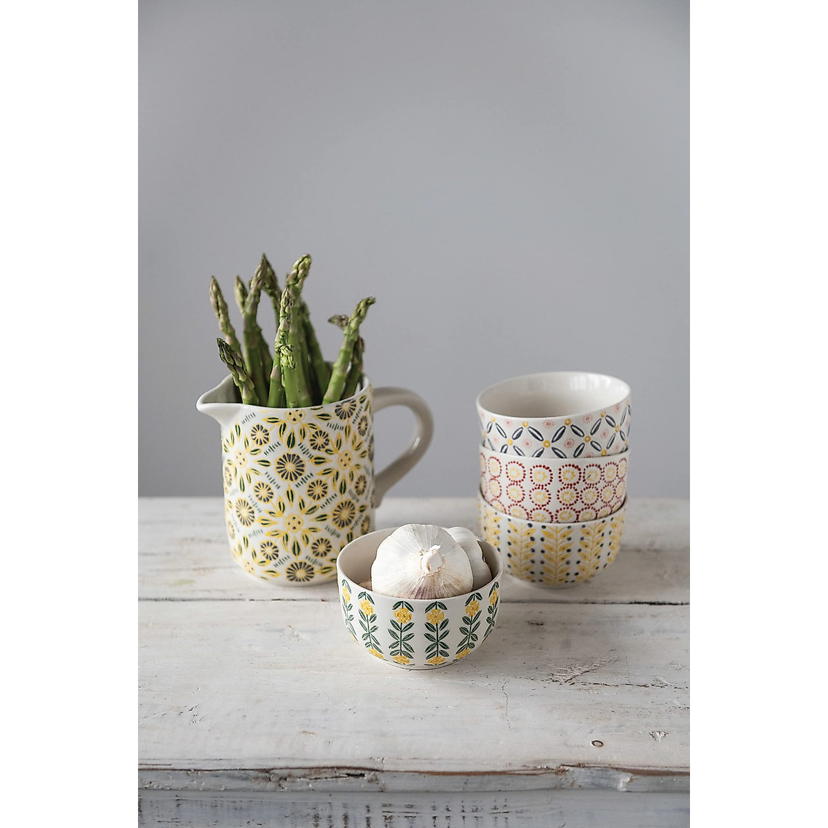 Creative Co-Op Hand-Stamped Stoneware Floral Patterns, Set of 4 Styles Bowl, Multicolored, 4