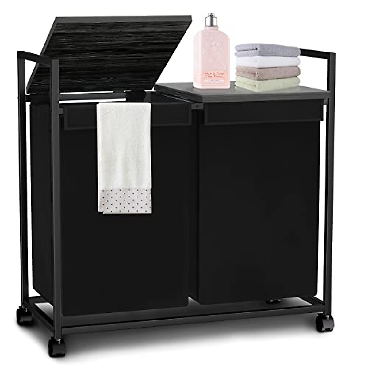 PAKLORDE Laundry Hamper with Lid,Wheels Laundry Basket Sorter 2 x 14 Gal (112L),Top Shelf,600D Oxford Sorter Bag Metal Frame Industrial for Bathroom Dorm Living Room Bedroom (Black Oak)