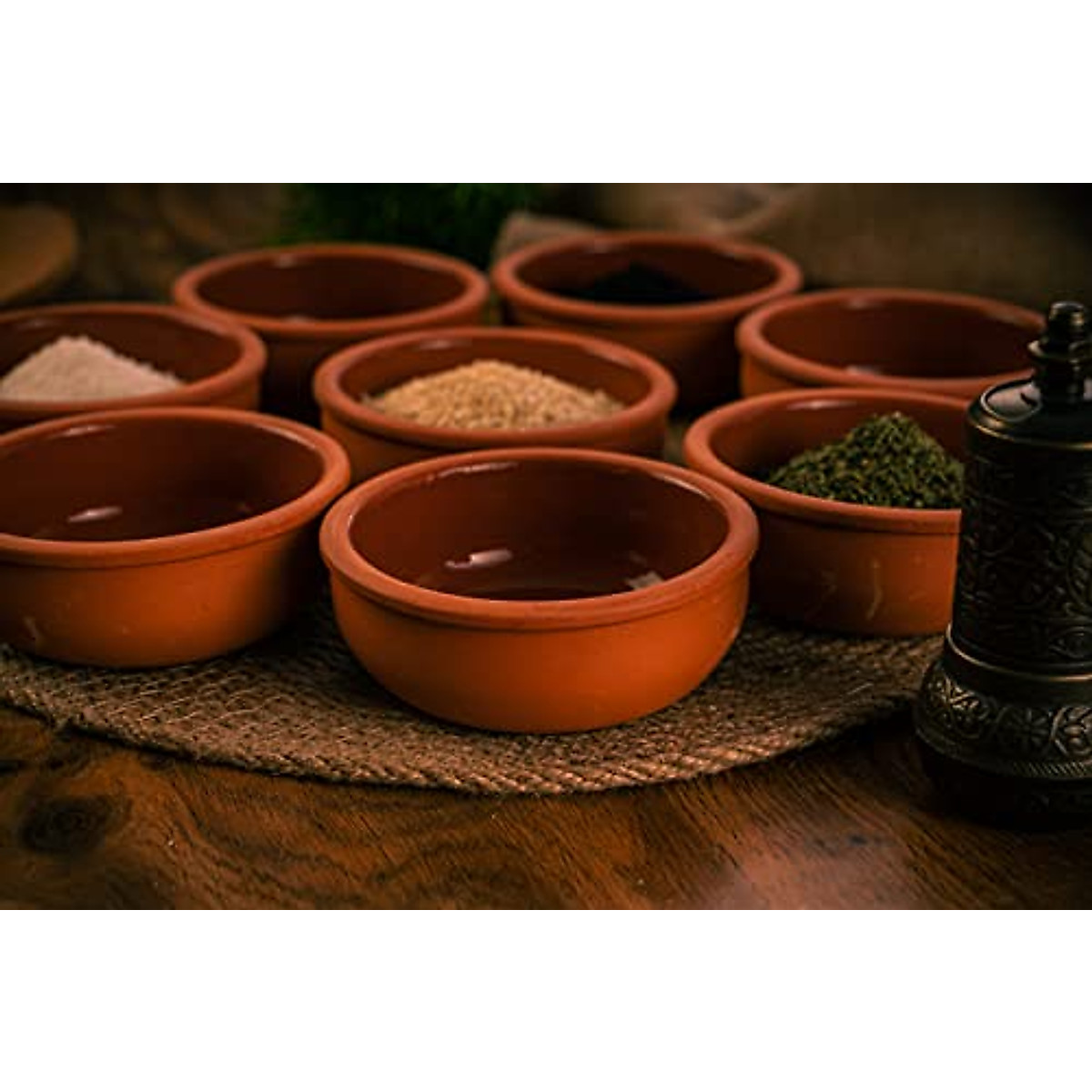 LUKSYOL Handmade Colored Clay Bowls: Authentic Mexican Pottery Set of 8 for Culinary Delights - Ideal for Tajine, Indian, Korean Cuisine, Microwave & Oven Safe, 3.9 x 1.6 inches, Brown Glazed