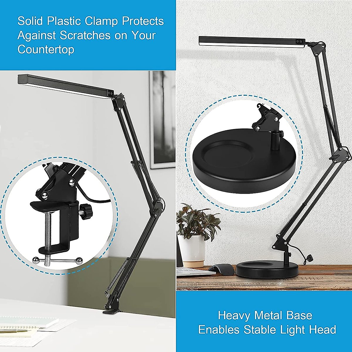 TROPICALTREE LED Desk Lamp with Clamp and Round Base,Eye Caring Table Lamp with Swing Arm,3 Color Modes 10 Brightness Levels,Memory Function, Desk Light for Home Office with USB Adapter Black-14W