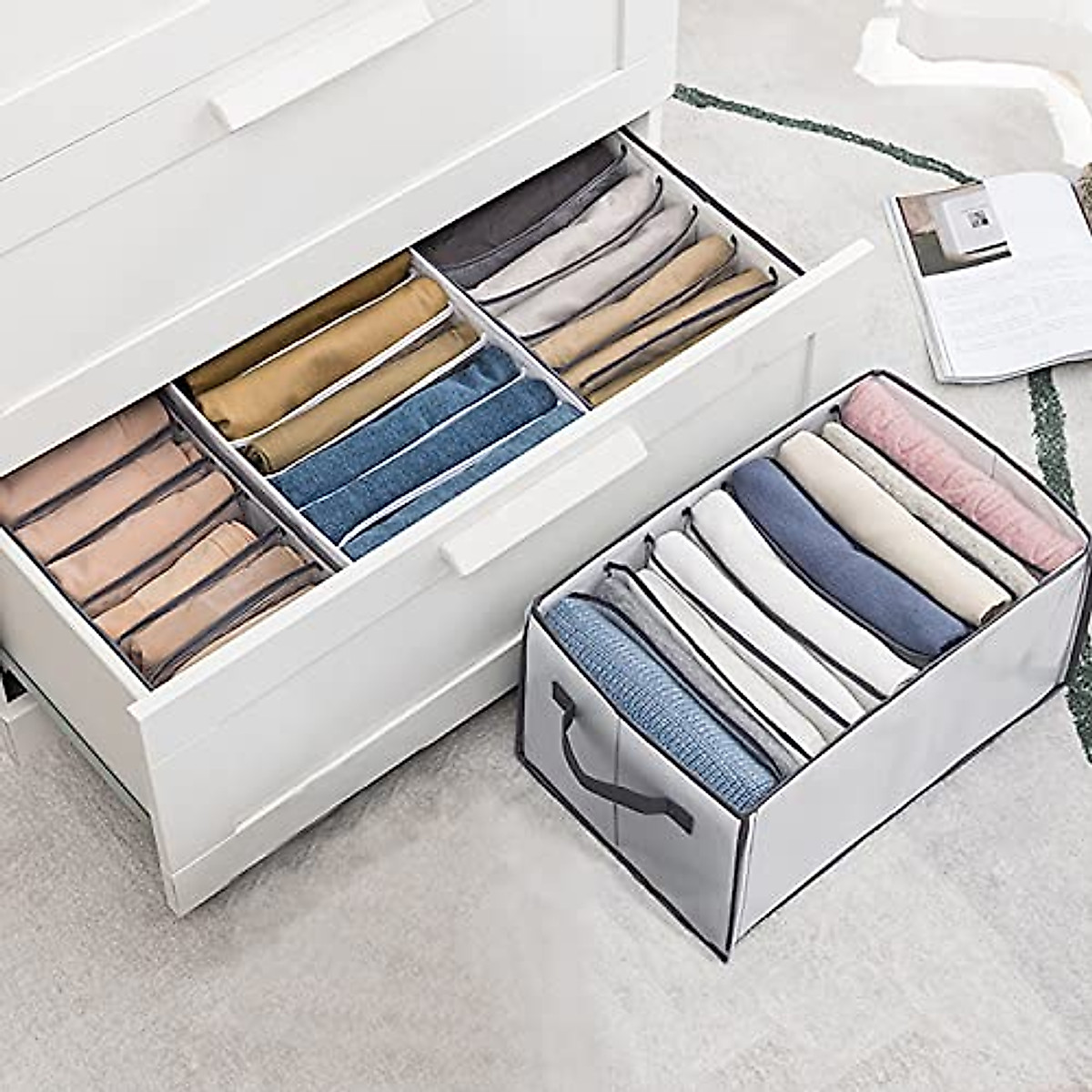 Vercord Washable Pants Drawer Organizer 9 Divider Foldable Clothes Organizer Wardrobe Storage Box Large 2 for Underwear Socks Jeans Grey