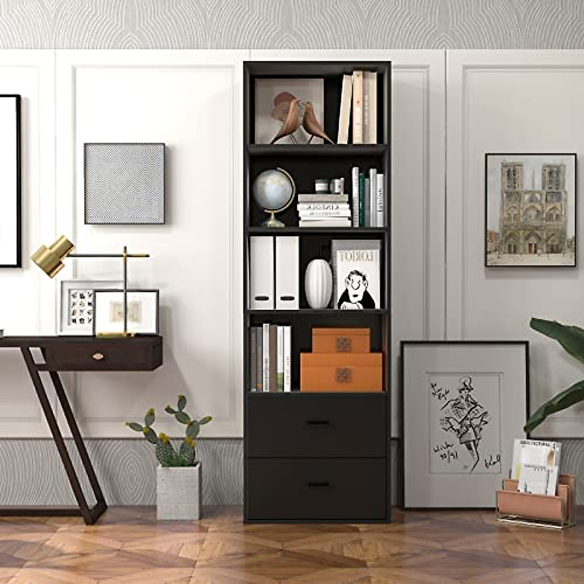SILKYDRY 74” Tall Bookshelf with 2 Drawers, 4 Tiers Open Storage Shelves, Freestanding Bookcase with Anti-Tip Devices, Wooden Book Organizer Cabinet for Bedroom, Living Room, Home Office (Black)