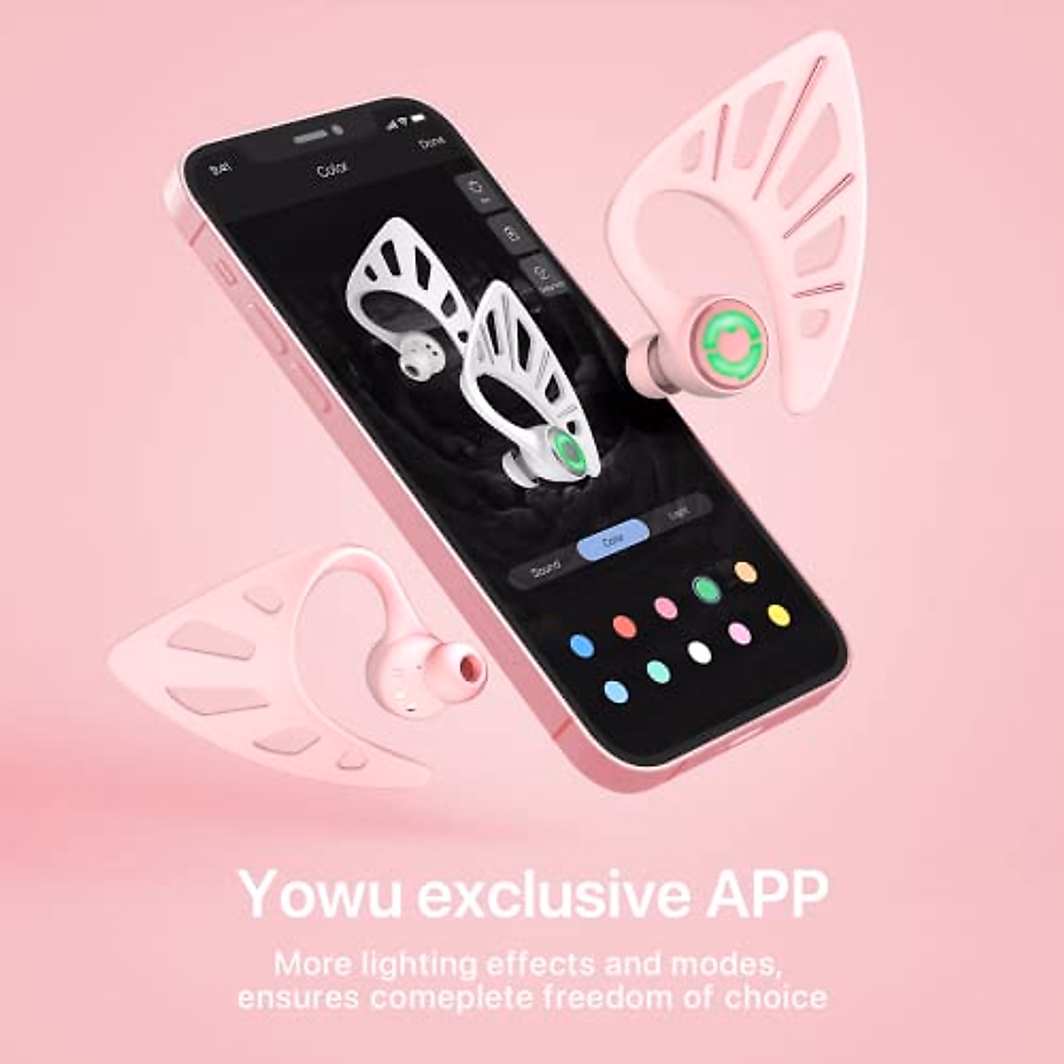 YOWU Elf Ear Headphones, Wireless 5.0 Earphones, 10 Colors RGB Effects with App Control, Dual Microphone Noise Reduction, IPX4 Water Resistant, Elf in-Ear Earbuds with Charging Case, Pink