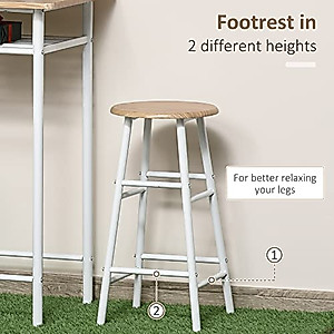 HOMCOM 3 Piece Counter Height Bar Table and Chairs Set, Space Saving Dining Table with 2 Matching Stools, Storage Shelf Metal Frame Footrest, White, Oak
