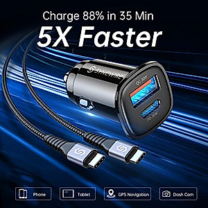 Syncwire USB C Car Charger 60W [PD 30W & QC 30W] Car Charger Fast Charging USB Car Charger Adapter with 5FT Type C Cable Compatible with Samsung S23/S22 Google Pixel 7/7Pro iPhone 14 Pro Max and More