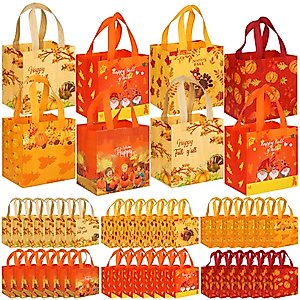 Sanwuta 48 Pcs Fall Non Woven Tote Bags Thanksgiving Party Bags with Handles Waterproof Autumn Treat Favor Bag Pumpkin Goodie Bag Gift Candy Bags Thanksgiving Party Favor Supplies (Happy Style)