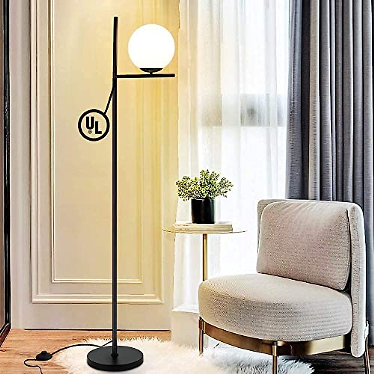 DLLT Modern LED Sphere Floor Lamp-9W Frosted Glass Globe Standing Lamps for bedroom, Energy Saving Mid Century Tall Pole Standing Accent lighting for Living Room, Office, Bedroom, Black