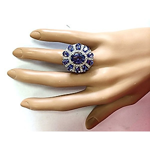 PR Jewerly Women Elegant 925 Silver Blue Tanzanite Gemstone Flower Cluster Ring Engagement (7)