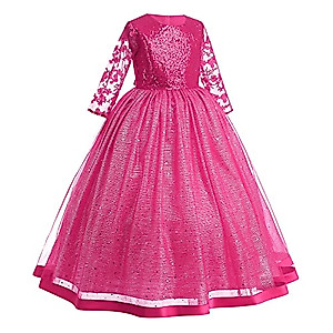 Floral Sequins Lace Princess Pageant 3/4 Sleeve Flower Girl Dress for Kids Junior Bridesmaid Wedding Puffy Party Wear Fall Formal Maxi Dance Evening Ball Gowns for Girls Sequins-Hot Pink 11-12 Years