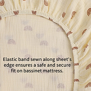 Muslin Bassinet Sheets 2 Pack Set for Baby Boy and Girl, 100% Muslin Cotton Fitted Sheet for Oval Hourglass and Rectangular Bassinet Mattress, Natural and Rainbow
