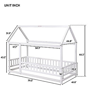 Bellemave Twin Size House Floor Bed,Wooden Montessori Bed with Fence and Roof for Kids,Playhouse Twin Bed Frame for Girls,Boys(Twin,White)