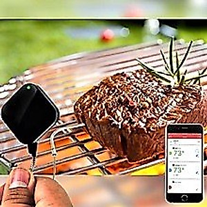 NutriChef Smart Bluetooth BBQ Thermometer - Upgraded Stainless Probe Safe to Leave in Grill, Outdoor Barbecue or Meat Smoker - Wireless Remote Alert iOS Android Phone WiFi App - PWIRBBQ40