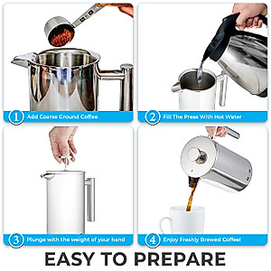 Fetic French Press Coffee Maker, 304 Grade Stainless Steel Insulated Coffee Press with Free Coffee Scoop, 34oz (1 Litre), Silver