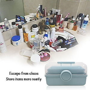 MXCELL 3-Tier Plastic Crochet Organizer Bins with Handle, 13.8 Inch Portable Makeup Case/Sewing Kit Box/Art Craft Supplies Box/Tackle Storage Box/Family First Aid Kit Container with 2 Trays (Blue)