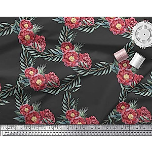 Soimoi Black Cotton Canvas Fabric Leaves & Peony Floral Print Sewing Fabric Yard 44 Inch Wide