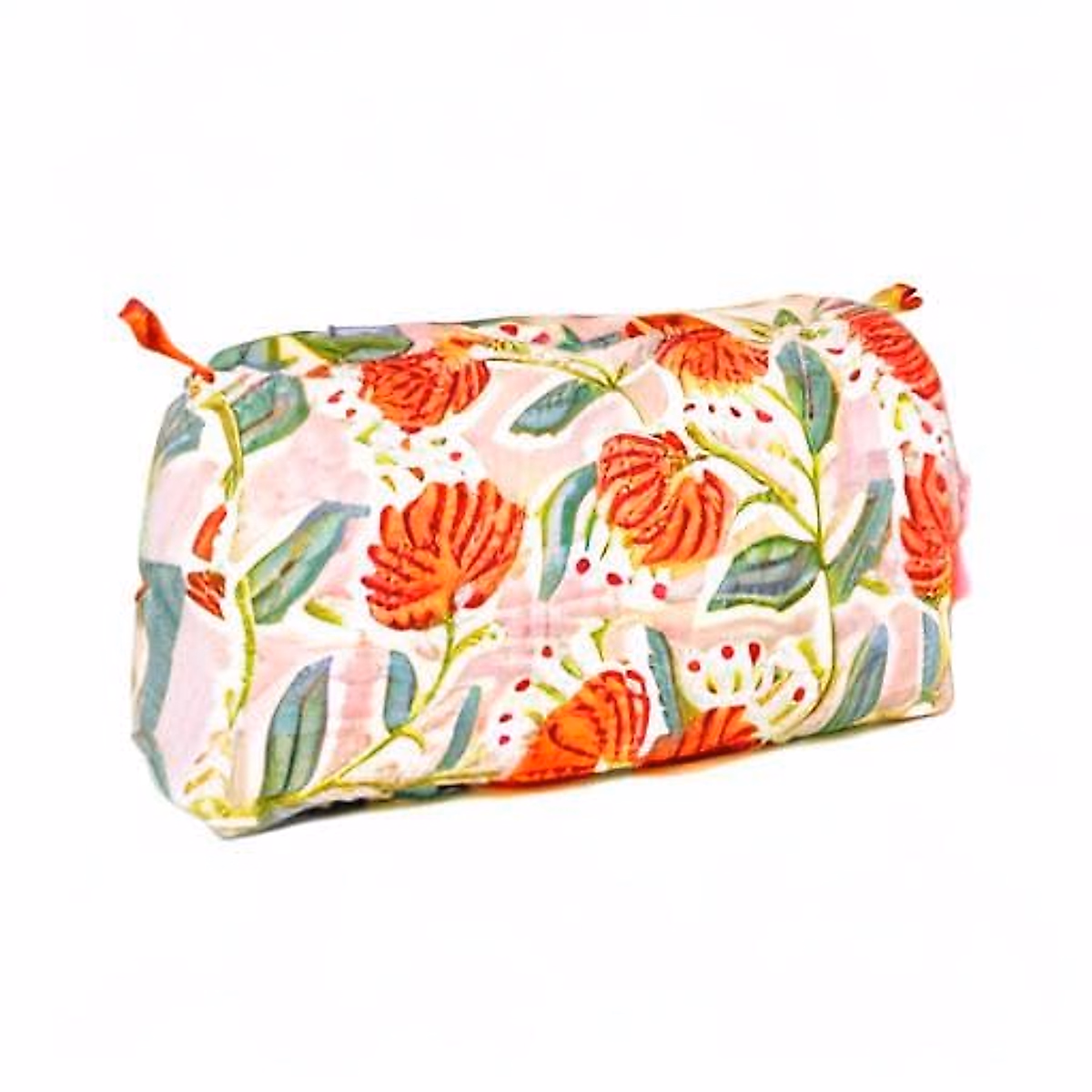 Block Print Designer Toiletry Bag & Makeup Case - Boho Floral Quilted Pouch for Cosmetics, Skincare - Waterproof Lined Organizer for Diaper Bag, Purse, Travel, Gift, Pencils (Pink Multi Floral)