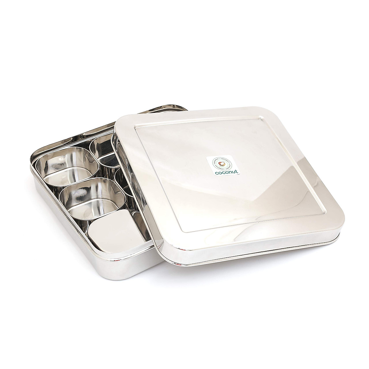 coconut Stainless Steel Square Masala Box/Spice Container/SS Lid Masala Box with 9 Bowls - Diamater - 9.7 Inches, Capacity - 180 ML Each Containers