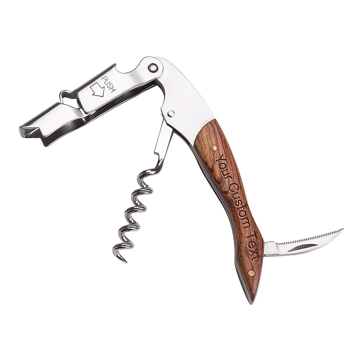 Personalized Custom Engraved Waiters Corkscrew - 3 in 1 Wine Opener with Rosewood Pull Tap Handle Bottle Opener and Serrated Foil Cutter(No Holster)