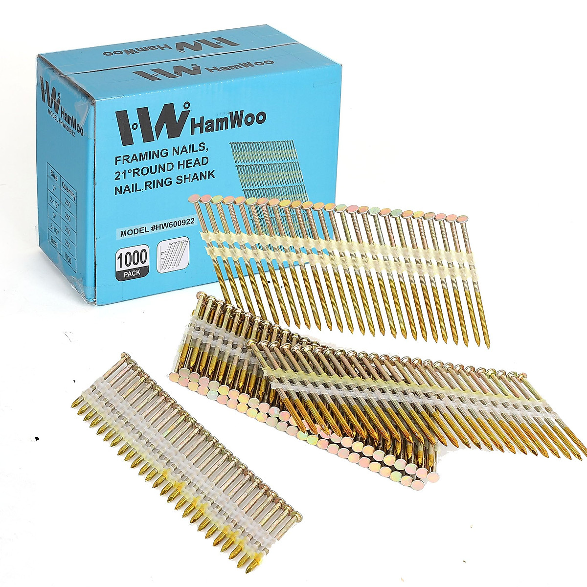 HW HAMWOO Framing Nails,21°Round Head Nail Pack,1000-Pack (2"- 250Pcs,2-1/2"- 250Pcs,3"- 250Pcs, 3-1/2"- 250Pcs),Galvanized Nail,Ring Shank