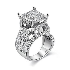 Uloveido Women's 0.4" Wide Square Cluster Engagement Heart Architecture Ring, Cocktail Bling Ring for Her RA0221 (Platinum, 8)