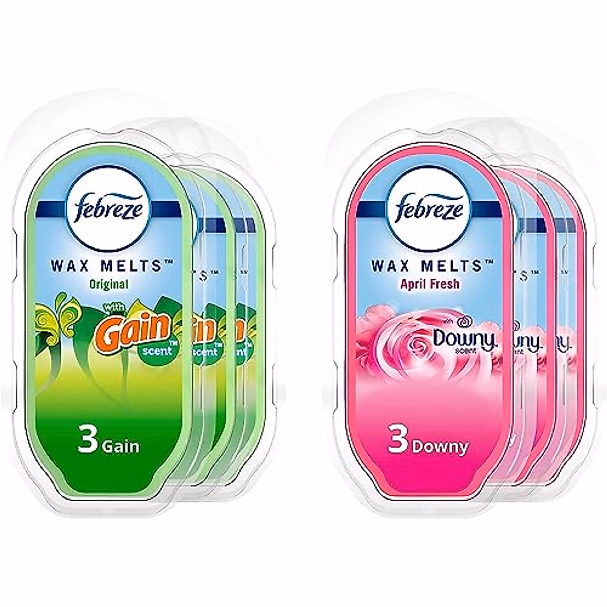 Febreze Wax Melts, Wax Melt Warmer Cubes, Wax Warmer Cubes, Pack of 6, 3 Gain Original Scent and 3 Downy April Fresh Scent, 6 Wax Melt Cubes per Pack, Air Freshener