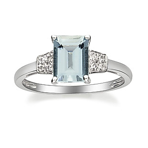 Gin & Grace 10K White Gold Genuine Blue Aquamarine Ring with Diamonds|Ethically, authentically & organically sourced (Emerald-cut) shaped Aquamarine hand-crafted jewelry for her | Aquamarine Ring