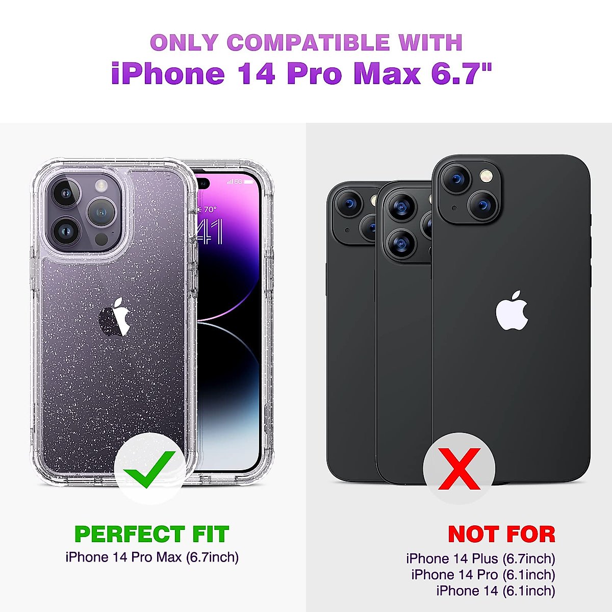 Diaclara Designed for iPhone 14 Pro Max Case 6.7’’ [2023 Upgraded], Full Body Rugged Case w/Built-in Touch Sensitive Anti-Scratch Screen Protector+9H Glass Camera Lens Protector(Clear Glitter)