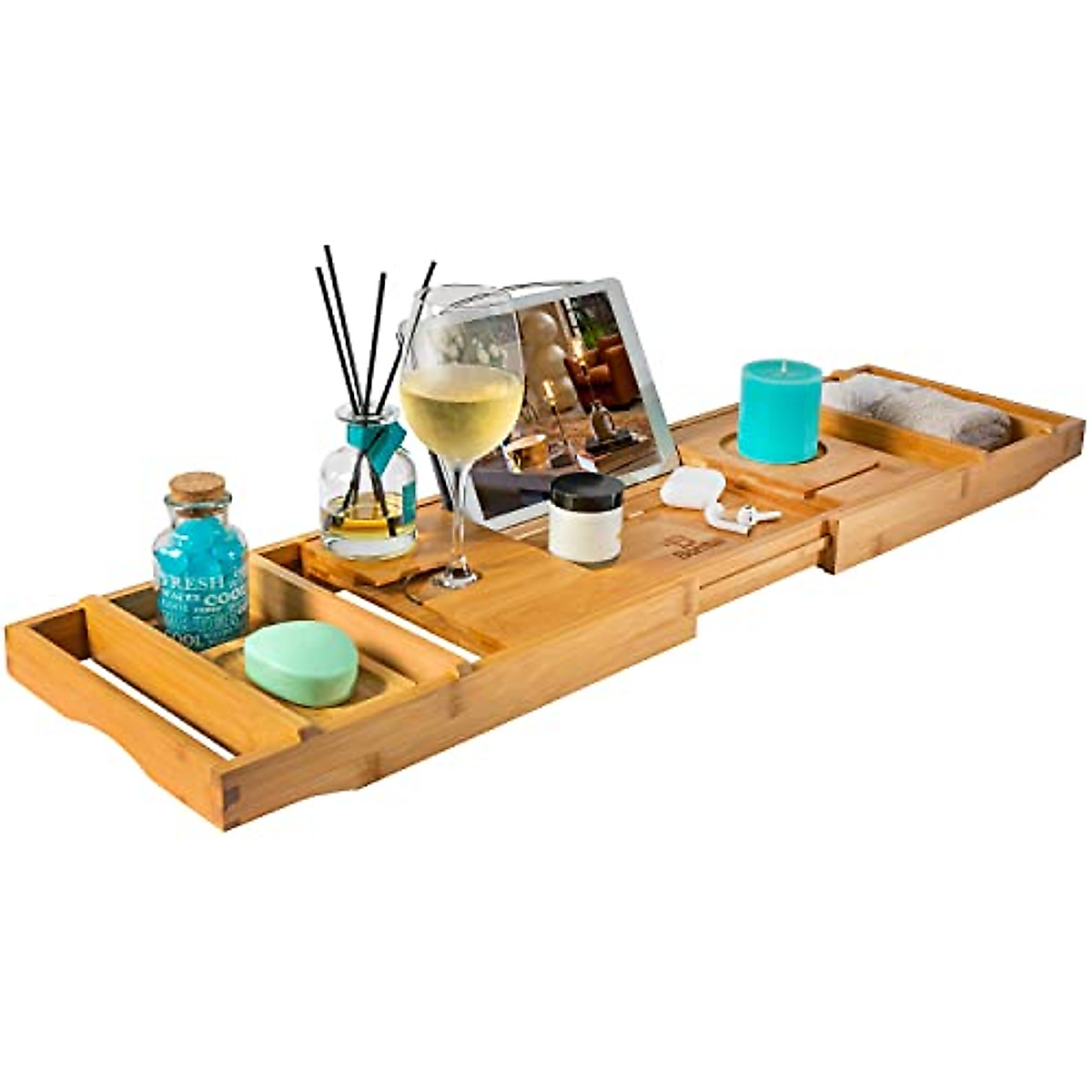 Bomba Bathtub Caddy – Natural Bamboo Bathtub Tray with Soap Holder – Durable Anti-Slip Bathtub Caddy Organizer – Extendable Bathroom Tray – Eco-Friendly and Safe Bamboo Organizer Tray