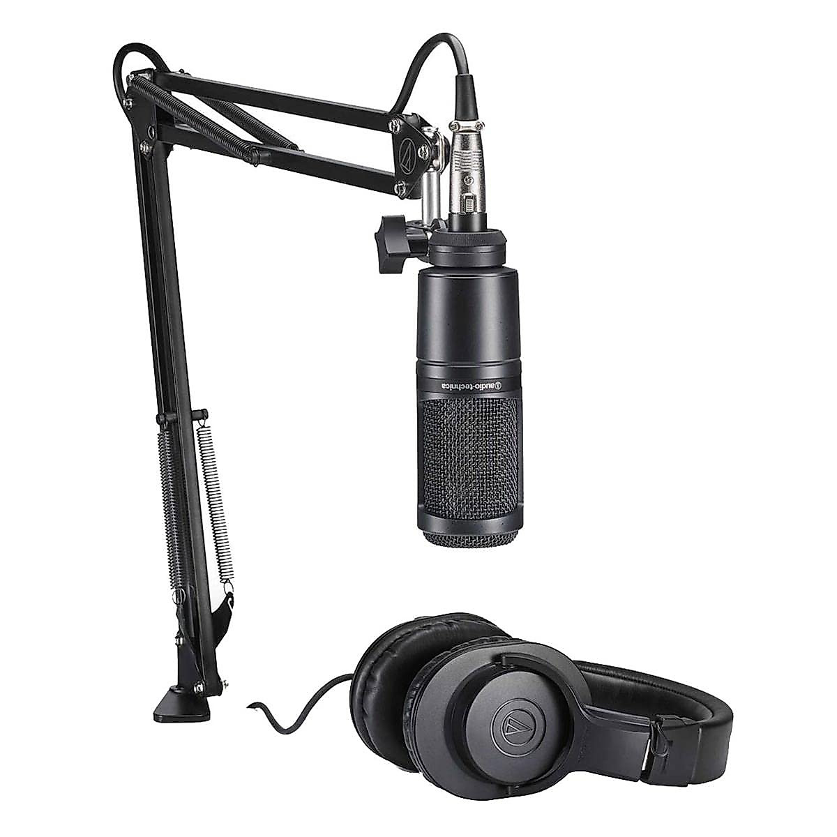 Audio-Technica AT2020 Podcasting Studio Microphone Pack with ATH-M20x Headphones, Boom & XLR Cable Bundle with H&A Tripod Microphone Stand with Telescoping Boom