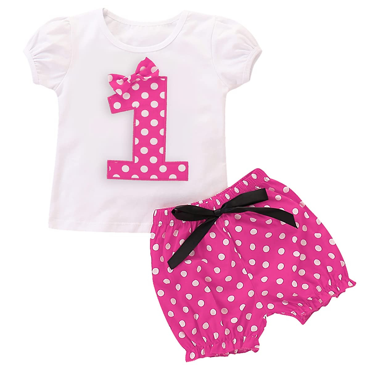 ODASDO Infant Baby Girl 1st First Birthday Cake Smash Outfit Cotton Short Sleeve T-shirt Top Polka Dots Shorts Pants Ear Bowknot Headband 3pcs Clothes Set Photo Props Hot Pink 12-18 Months