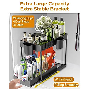 Stackable Under Sink Organizers and Storage - DILEASIR Upgraded 12in Heightened Sticks 2 Tier Under Sink Organizer with 4 Hanging Cups, 8 Dust Plugs, 8 Hooks, Multi-function Storage, Black, 2 Pack