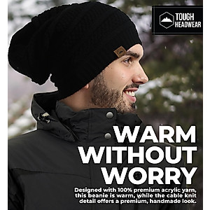 Slouchy Cable Knit Beanie by Tough Headwear - Chunky, Oversized Slouch Beanie Hats for Men & Women - Stay Warm & Stylish - Serious Beanies for Serious Style Black OSFA