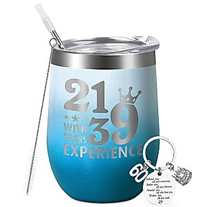 Lifecapido 60th Birthday Gifts for Women - 21 With 39 Years Experience 12oz Insulated Wine Tumbler, Funny Birthday Gifts Mother's Day Gifts for Mom Friends Coworkers, White Blue Gradient