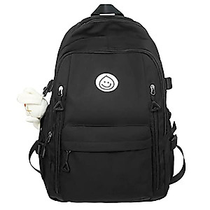 Preppy Backpack Smiling Face with Bunny Plush Cute Aesthetic Backpack Preppy Stuff Kawaii Accessories Korean College Style (Black,One Size)
