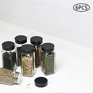 6pcs Black Spice Jars, 4 oz Glass Seasoning Bottles, Spices Container, Empty Spice Jars , Square Spice Bottles with Airtight Plastic Caps with Shaker Lids