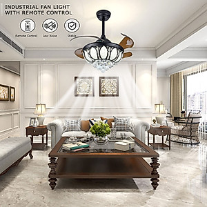 DYRABREST Invisible Ceiling Fan with Retractable Blades and Remote Control 36inch Ceiling Fan Light Covers Crystal Chandelier Fan Light Bladeless Ceiling Fan for Livingroom Bedroom Home (36 inch)