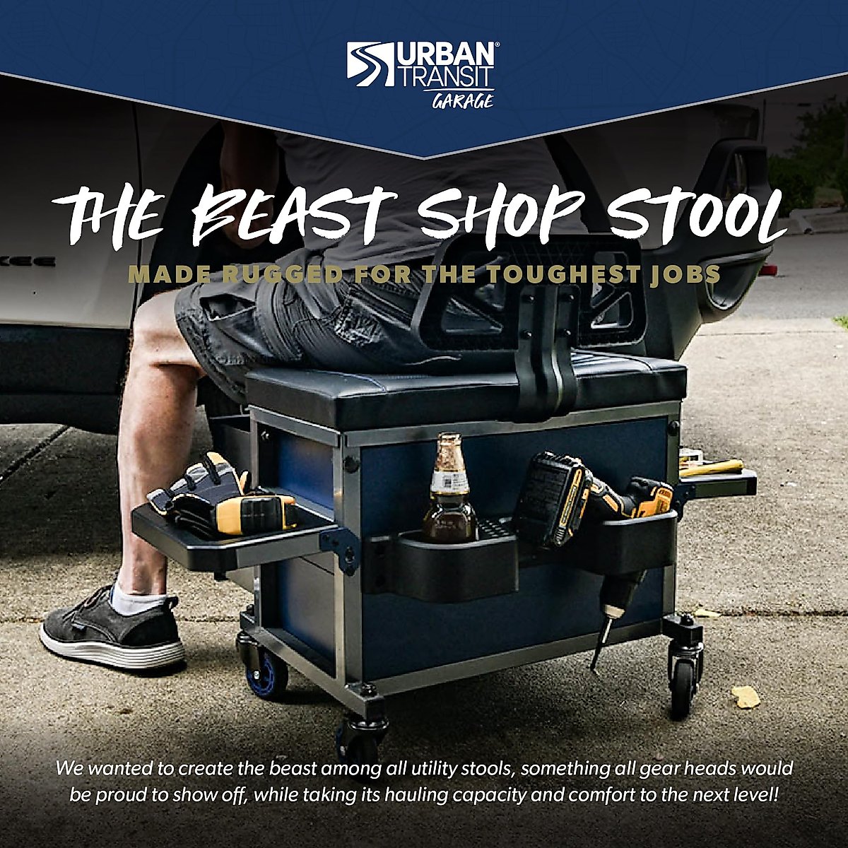 URBANTRANSIT The Beast Heavy Duty Shop Stool with Backrest - 500 Lb Capacity Rolling Stool for The Garage with Tool Storage, Cupholder and 360 Degree Wheels - an Ideal Workshop and Mechanic Stool