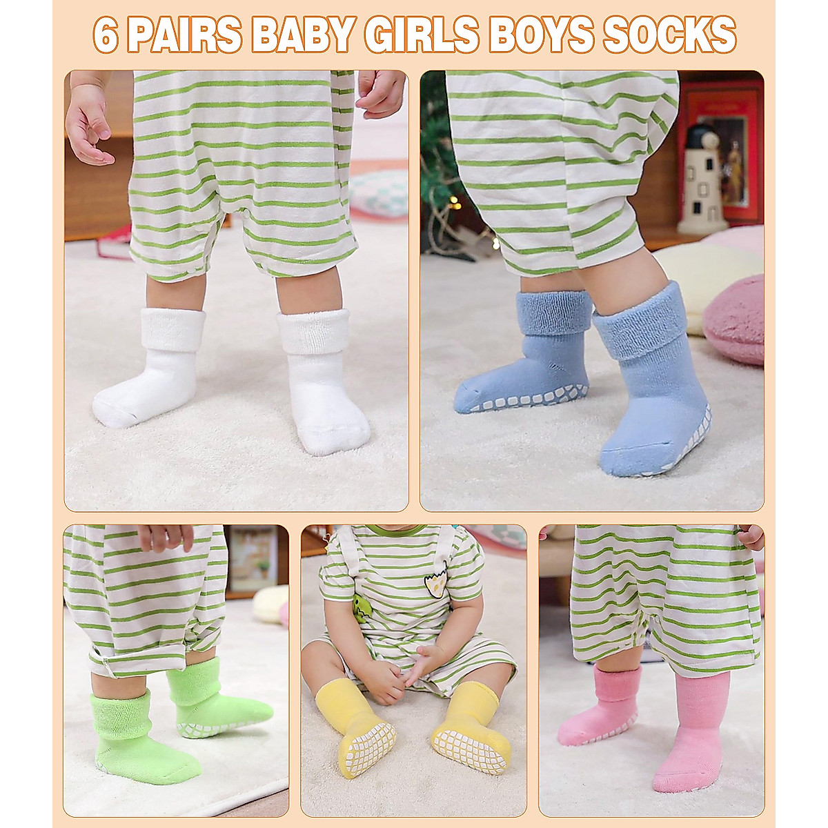 LANLEO Baby Girls Boys Non Slip Socks with Grips Toddler Kids Unisex Warm Thick Cotton Ankle Crew Socks with Grippers 6 Pairs Color A,3-12 Months