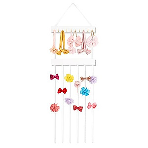 Mkono Bow Organizer for Girls Hair Bows, Hanging Bow Holder Hair Clip Headband Storage Rack with 10 Hooks, Modern Wooden Kids Hair Accessories Organizer for Baby Girl Room Decor, White