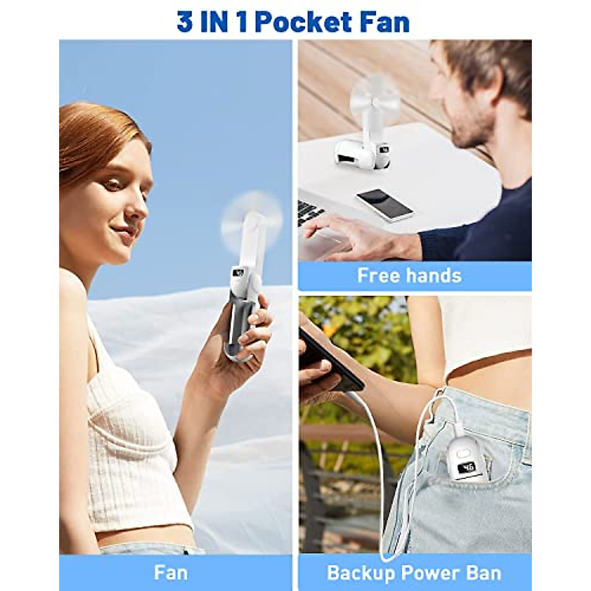 AICase portable folding small fan / USB charging treasure / mobile phone holder, silent mini fan, 2 speed, strong wind, suitable for home and office (ivory white)