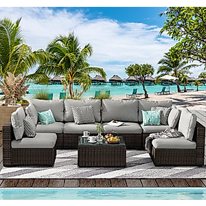 7 Piece Patio Furniture Set, Rattan Outdoor Patio Furniture Sets with Glass Coffee Table and Seat Cushions for Backyard (Grey, 7 Pieces Set)