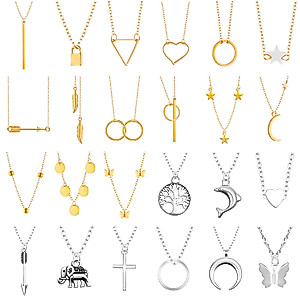 Thrilez Necklaces for Women, 24pcs Necklace Set Including Gold Necklaces, Simple/Layered Necklaces, Cute Vsco Necklaces, Star Choker Costume Jewelry for Women and Ladies