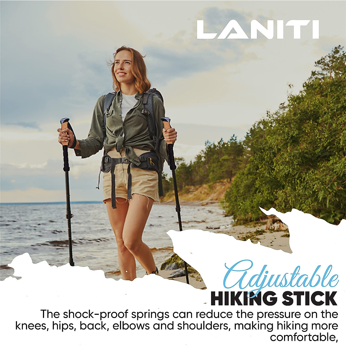 Nordic Walking Stick Adjustable Locks Expandable to 54" Lightweight Trekking Hiking Poles 10 Replacement Tips