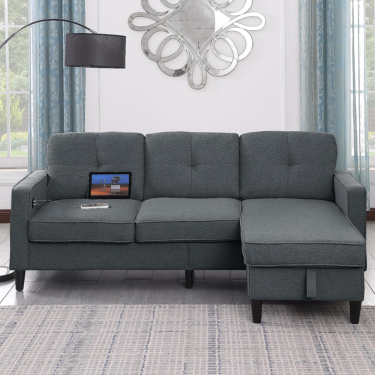 hooxnome Convertible Sectional Sofa Couch 3 Seater with Ottoman, Linen Fabric L Shape Sofa Compact Small Couch for Living Room with Reversible Chaise, with Large Storage and USB Function (Grey)