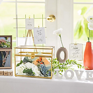 Okllen Glass Wedding Card Box with Lock and Slot, Gold Rim Envelop Box Gift Holder, Vintage Clear Card Box for Wedding Reception, Baby Shower, Birthday, Graduation (Glass Box and Lock Only)