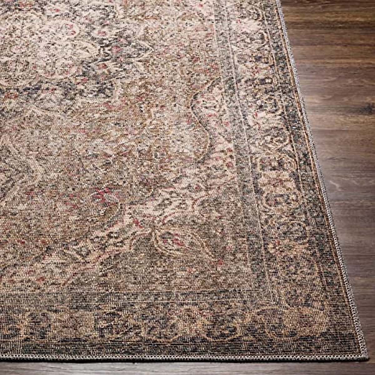Greenpoint Machine Washable Area Rug - Oriental Persian Traditional Medallion - Bohemian Vintage Distressed Carpet - Brown, Beige - 6'7"x9'