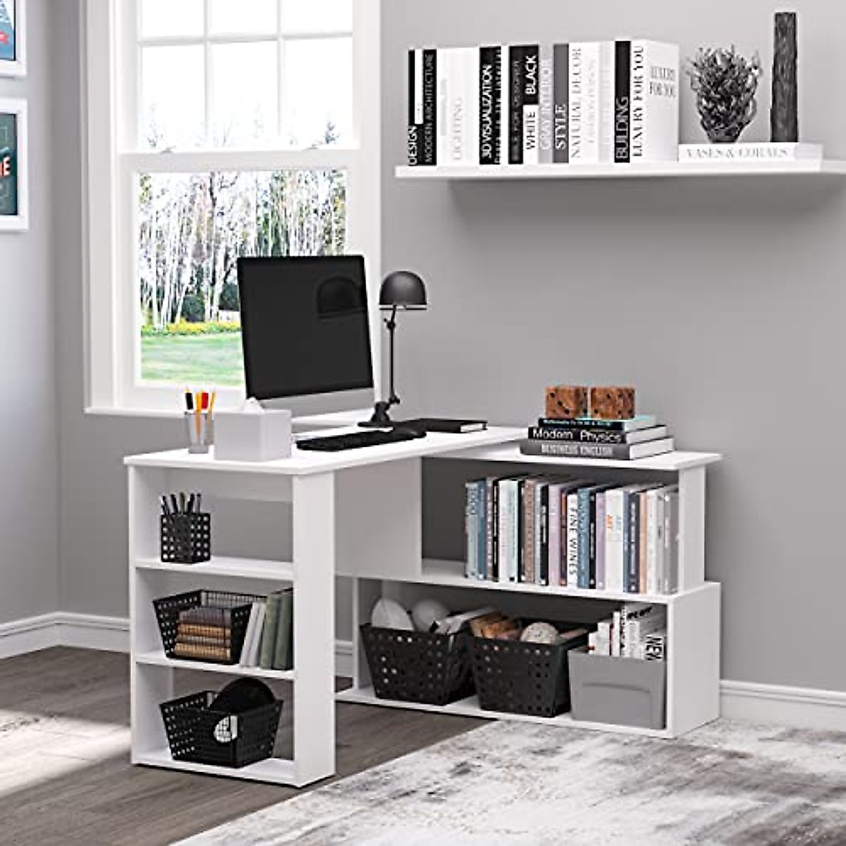 HOMCOM 360 Degree Rotating Home Office Desk L Shaped Corner Computer Desk with Storage Shelves, Writing Table Workstation, White