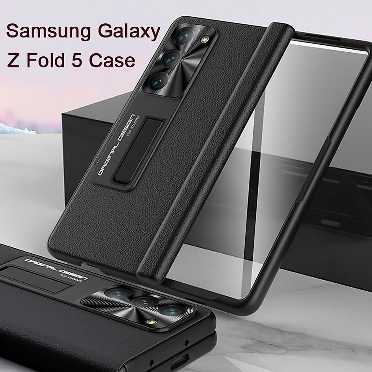 ioiFour Case for Samsung Galaxy Z Fold 5 with Kickstand and Hinge Protection, Built-in Front Screen Protector, Artificial Leather Elegant Business Scratch-Resistant Hard Case (Black PU)